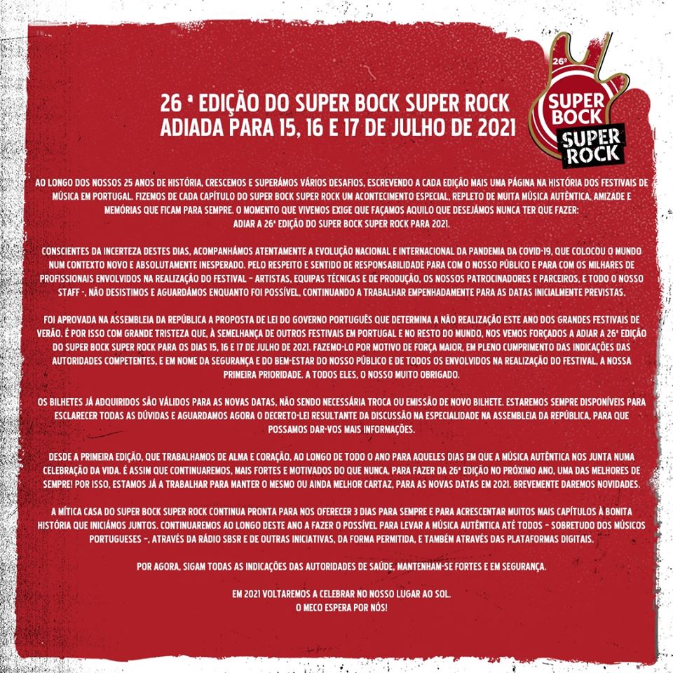 26ª Edição do Festival Super Bock Super Rock adiada para julho de 2021 ...